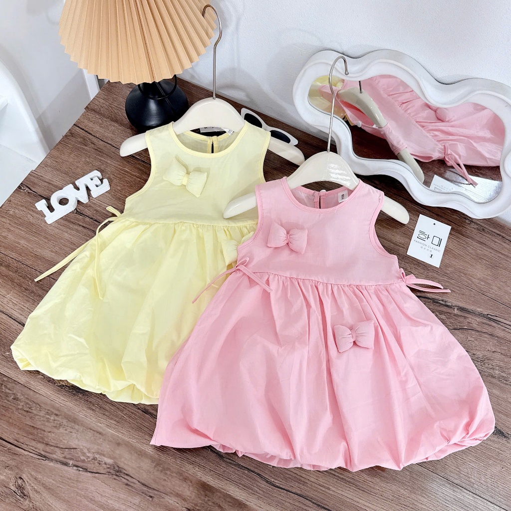 Váy sát nách 2 màu vàng hồng bồng bí có nơ bông, chất vải thô hàn mềm mát có lót nhẹ bên trong ...