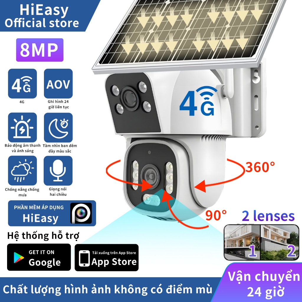 HiEasy AOV Solar CCTV camera 4G kép 8MP, pin tích hợp, thoại, quan sát ...
