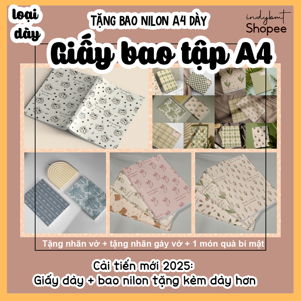 [Có bao nilon] Giấy bao tập A4 + bao nilonA4 + nhãn vở + nhãn gáy vở ...