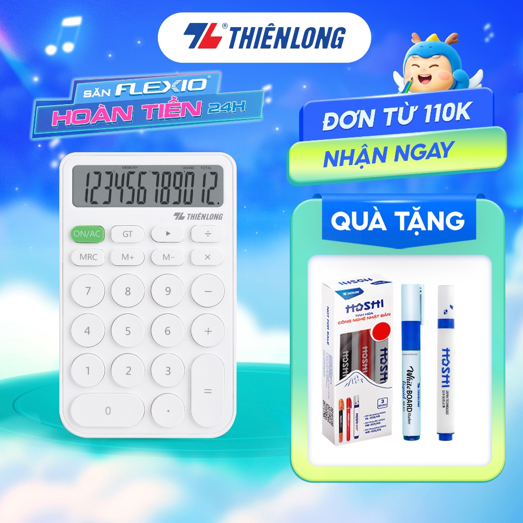 Máy tính văn phòng Thiên Long Flexio CAL-009 màu tươi sáng, màn hình LCD 12 số cải tiến, nhỏ gọn ...