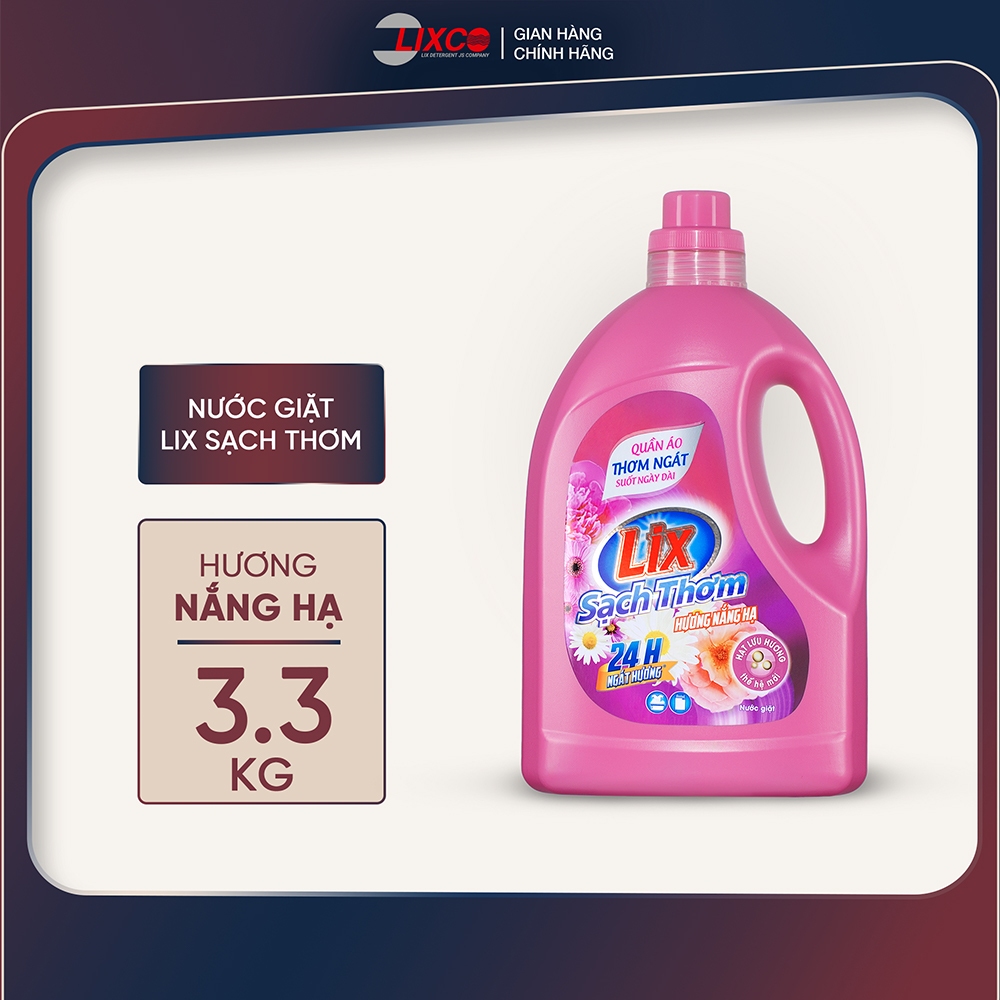 Nước giặt Lix sạch thơm hương nắng hạ 3.3kg CHAI N7301 tăng gấp đôi sức mạnh giặt tẩy quần áo ...