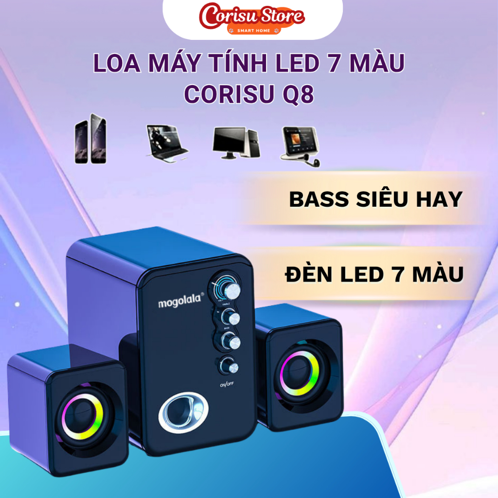 Loa máy tính CORISU Q8 hiệu ứng đèn led 7 màu, âm thanh sống động chất lượng cao, jack cắm 3.5 ...