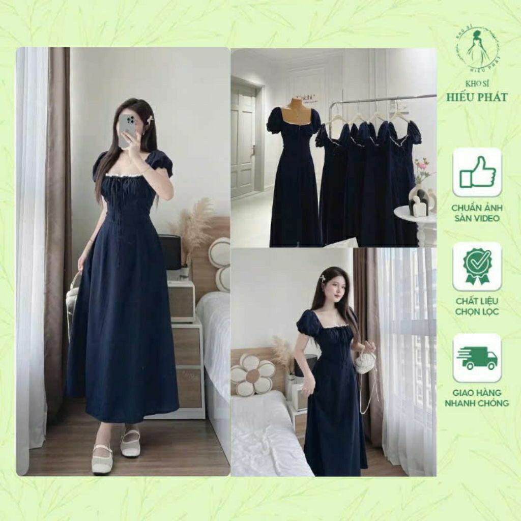 Váy cổ vuông xanh than tay bồng dáng dài sang chảnh 3 size SML | Shopee ...