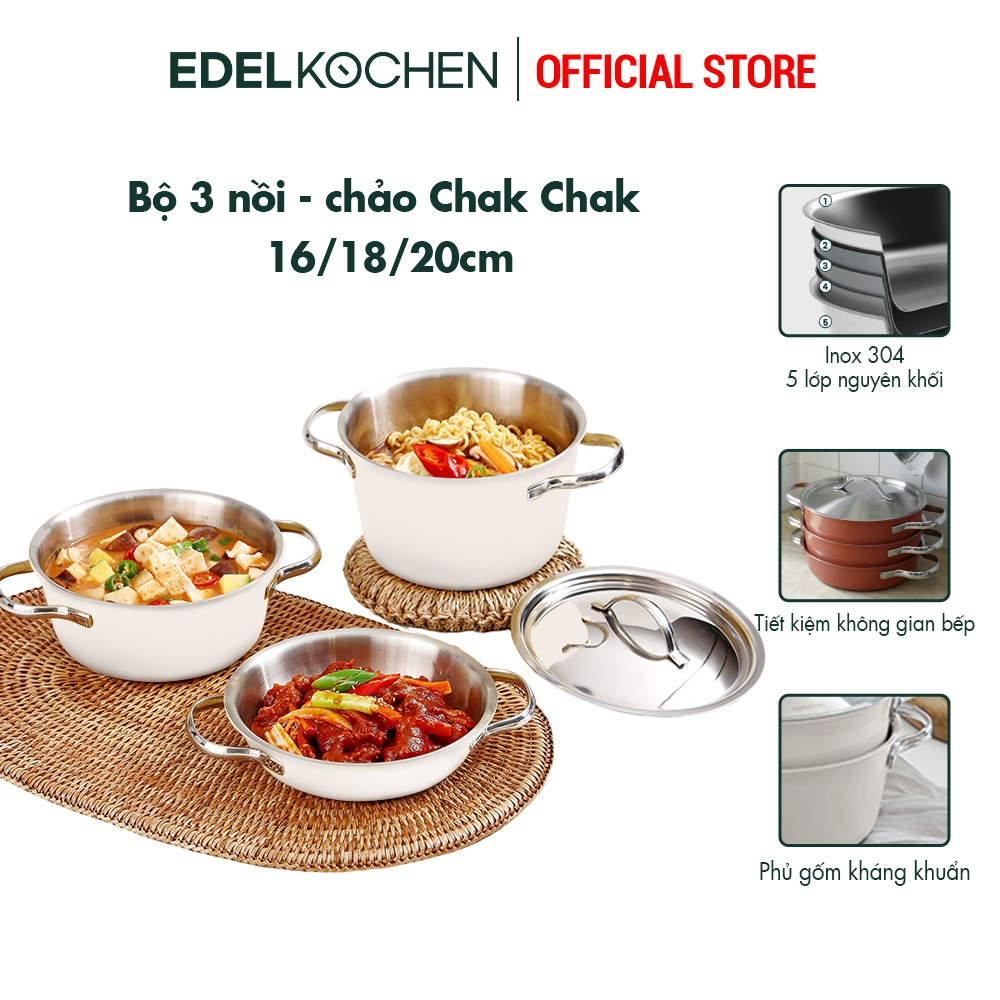 Bộ nồi chảo inox 3 món, 5 lớp nguyên khối cao cấp Edelkochen Chak Chak Collection 16,18,20cm ...