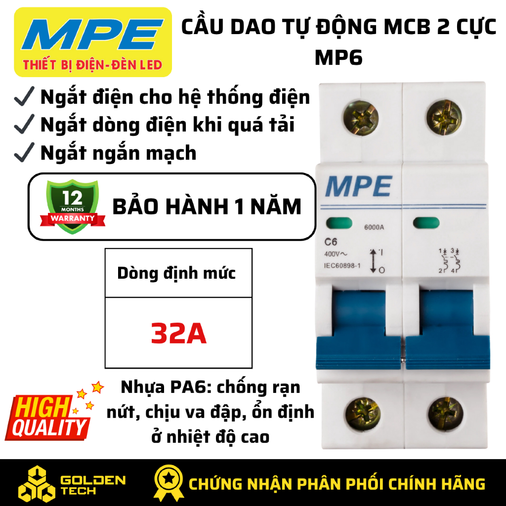 Cầu dao tự động MCB 2 cực MPE MP6 32A Dòng cắt 6kA, Ngắt điện quá tải ...