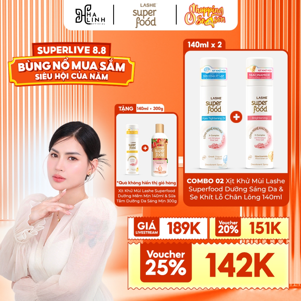 [VHL x LASHE SUPERFOOD] COMBO 2 Xịt Khử Mùi Dưỡng Sáng Da & Se Khít Lỗ Chân Lông 140MLx2 Tặng ...