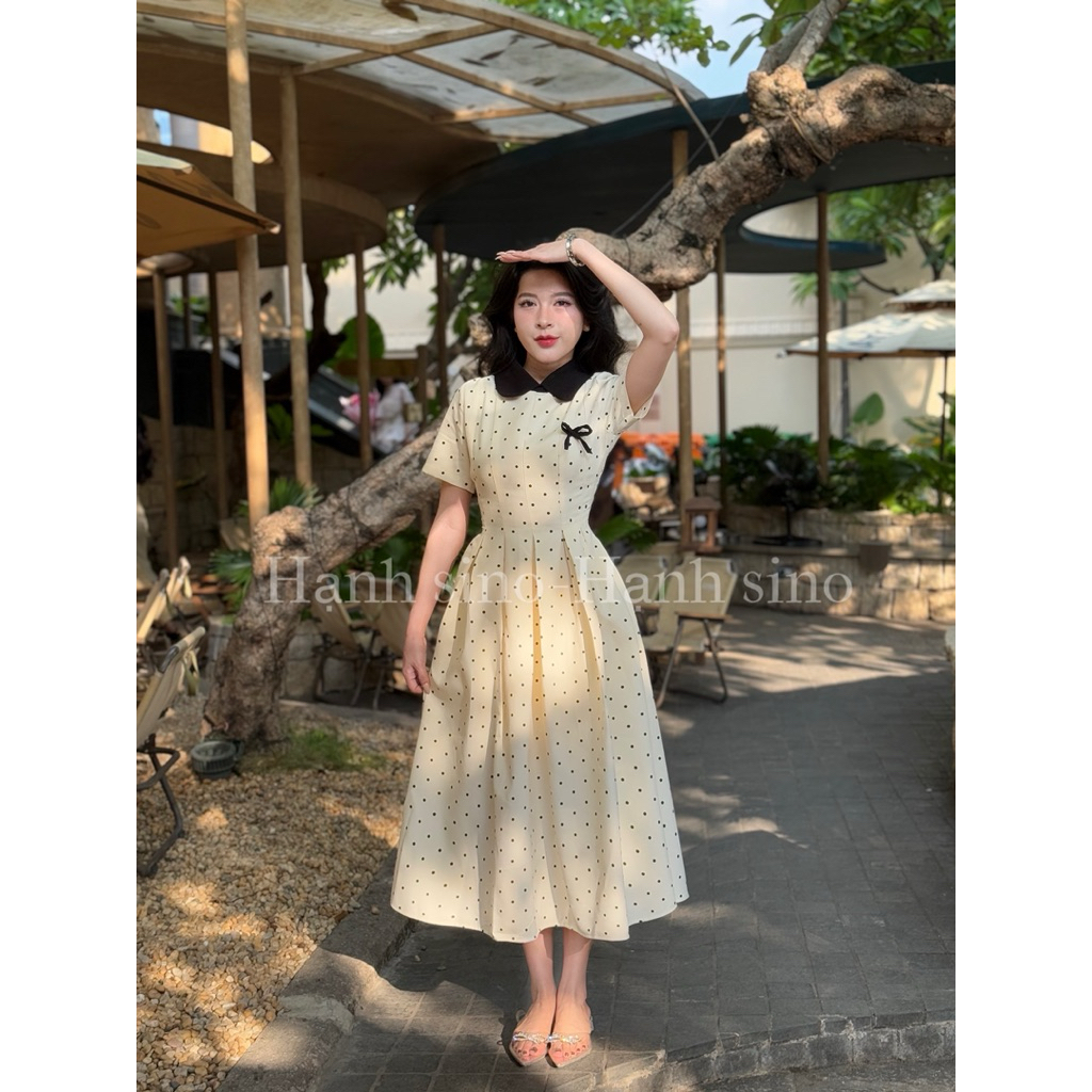 Hạnh sino.97 Váy chấm bi xếp ly dáng xoè chiết eo ép mùng siu xin | Shopee Việt Nam