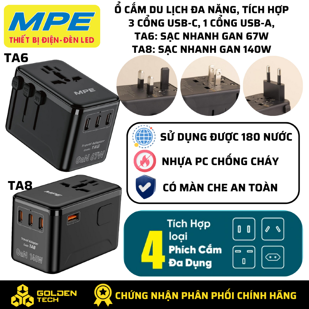 Ổ cắm du lịch đa năng MPE Tích hợp 3 cổng USB-C, 1 cổng USB-A, Sạc nhanh GaN 67W, 140W TA6, TA8 ...