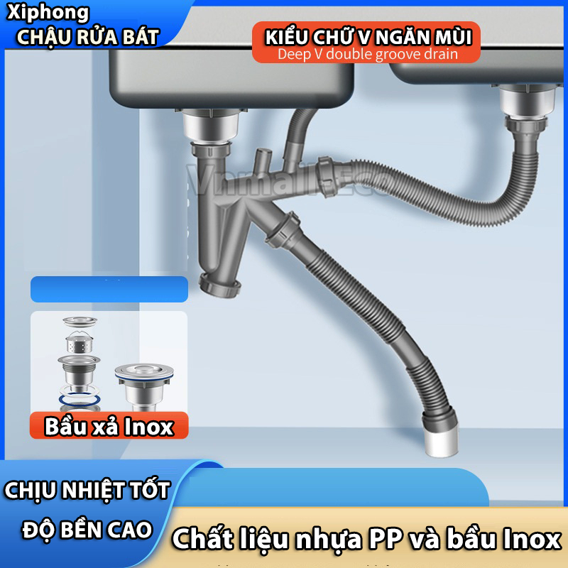 Bộ xiphong chữ V thoát nước bồn rửa bát 1 - 2 hố chống mùi, chống côn ...