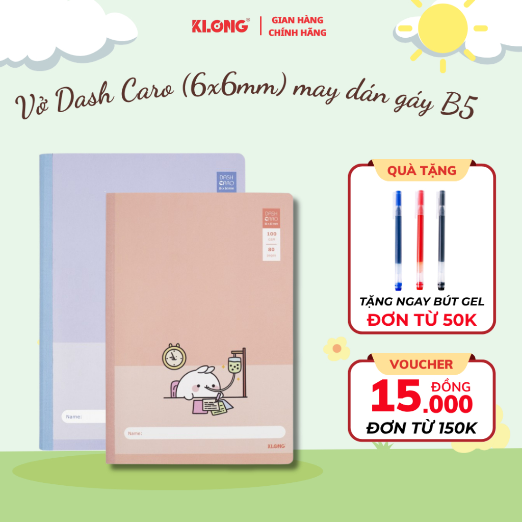 Vở Klong B5 Dash Caro 80/120/200 trang,100gsm, vở caro nét đứt nhỏ gọn, giấy chống nhòe 812 813 ...