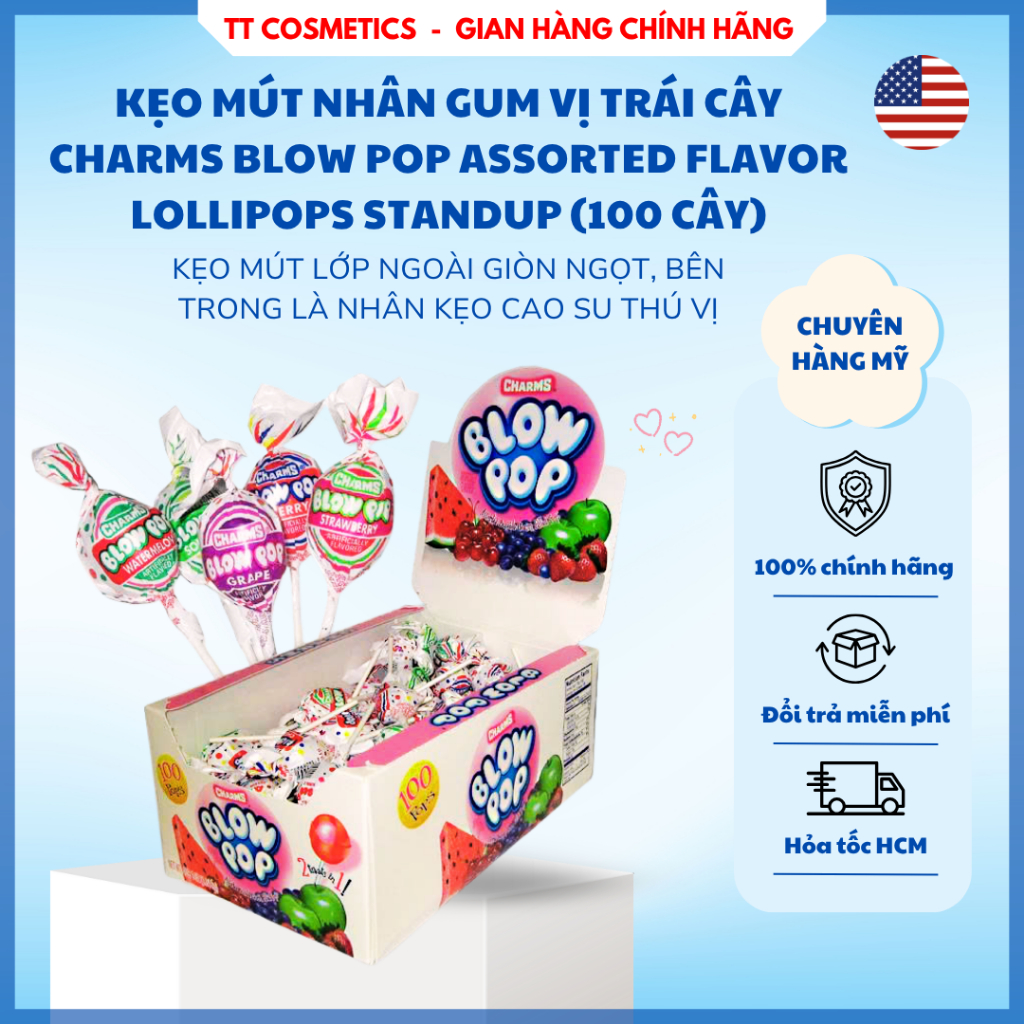Kẹo Mút Nhân Gum Vị Trái Cây Charms Blow Pop Assorted Flavor Lollipops ...