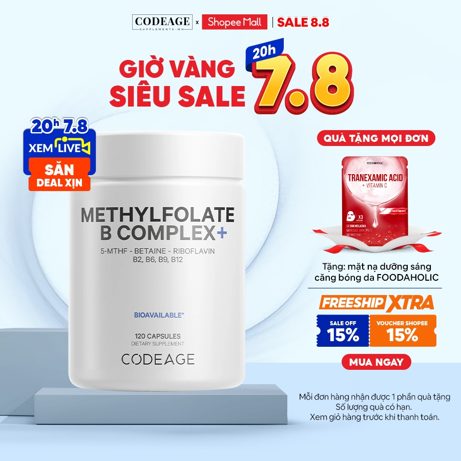 Viên uống hỗ trợ thần kinh, cải thiện trí nhớ giảm stress Codeage Methylfolate B Complex 120 ...