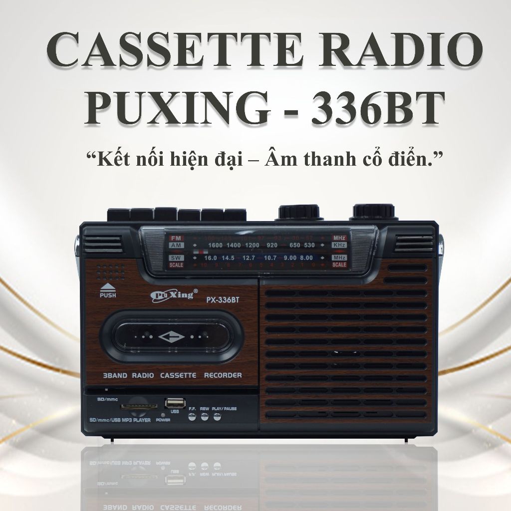 Đài Cassette Puxing 336BT Màu Nâu Cổ Điển, Bluetooth, USB, Thẻ Nhớ, AM ...