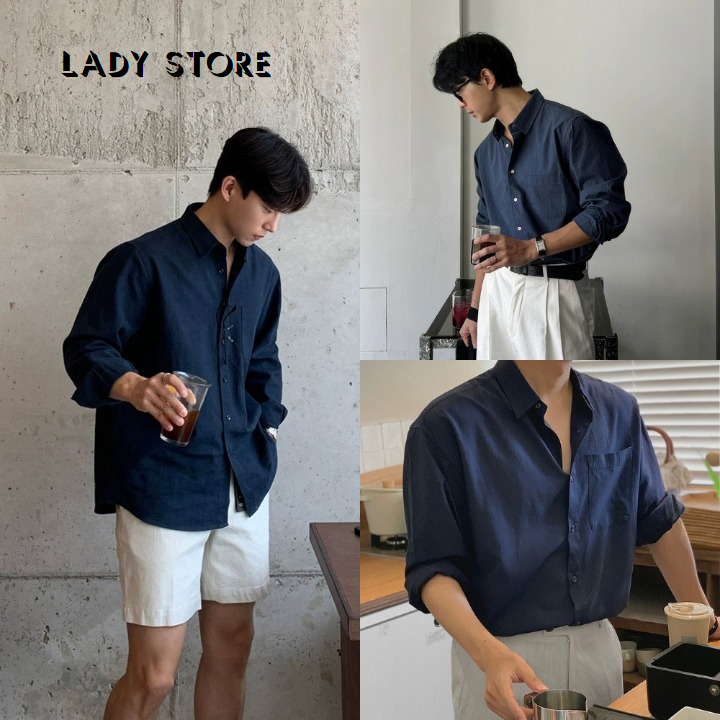 Áo Sơ Mi Nam Xanh Navy LADY STORE Cổ Đức Bẻ Dài Tay Thay Thời Trang Nam ...