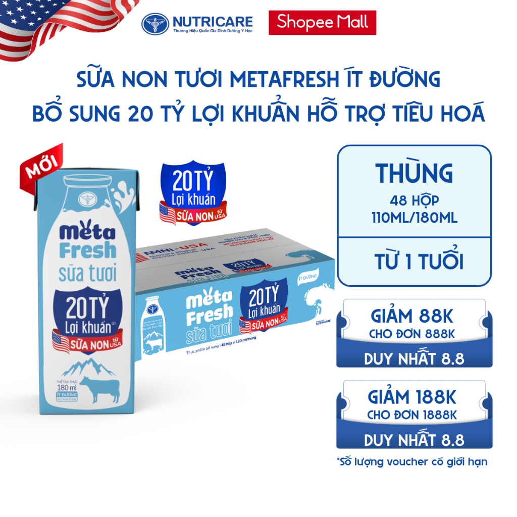 Thùng 48 Hộp Sữa Tươi META FRESH 20 TỶ LỢI KHUẨN Ít Đường Nutricare Sữa ...
