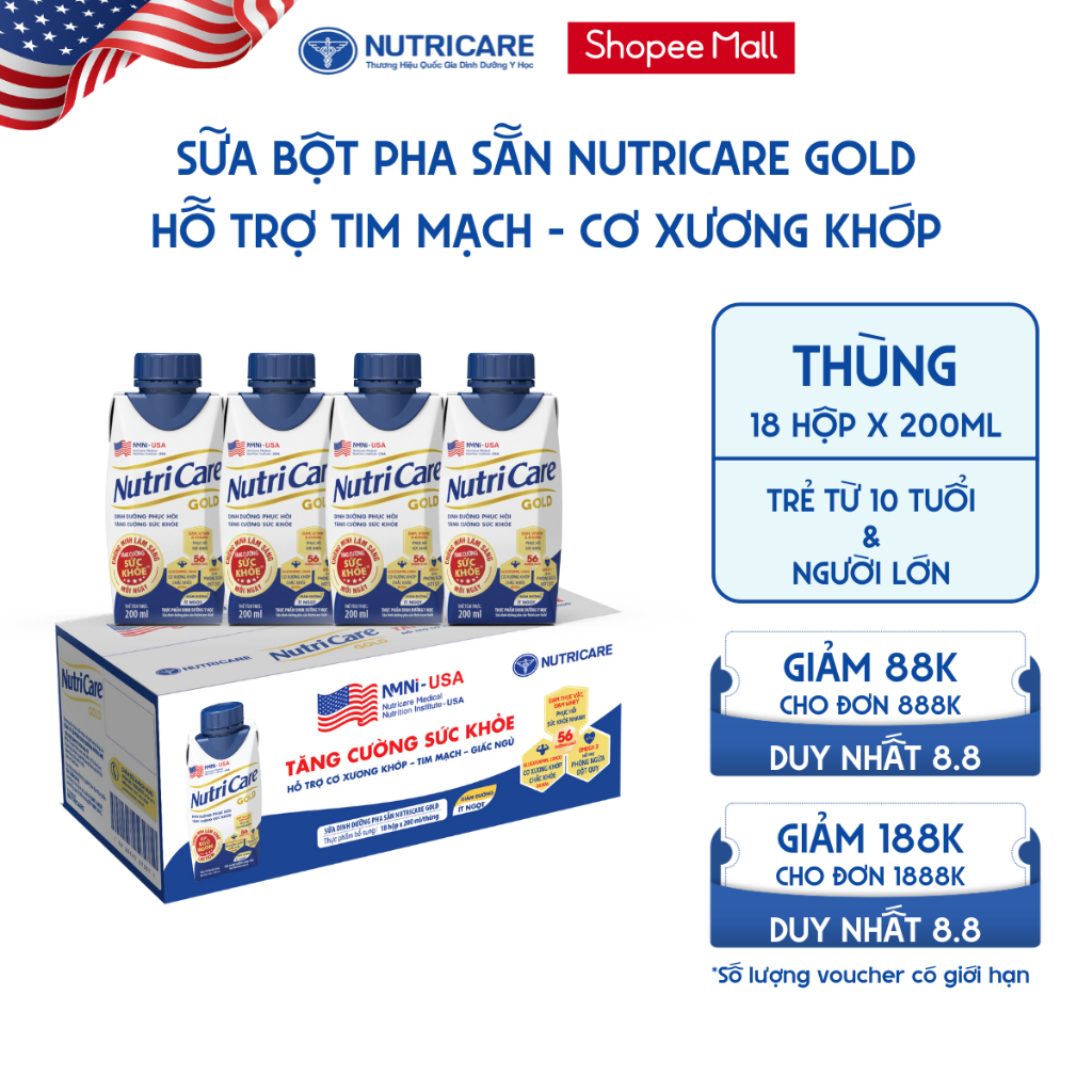 Thùng 18 Hộp Sữa Bột Pha Sẵn NUTRICARE GOLD 200ML Giúp Ngủ Ngon Hỗ Trợ Tim Mạch Cơ Xương Khớp Dễ ...