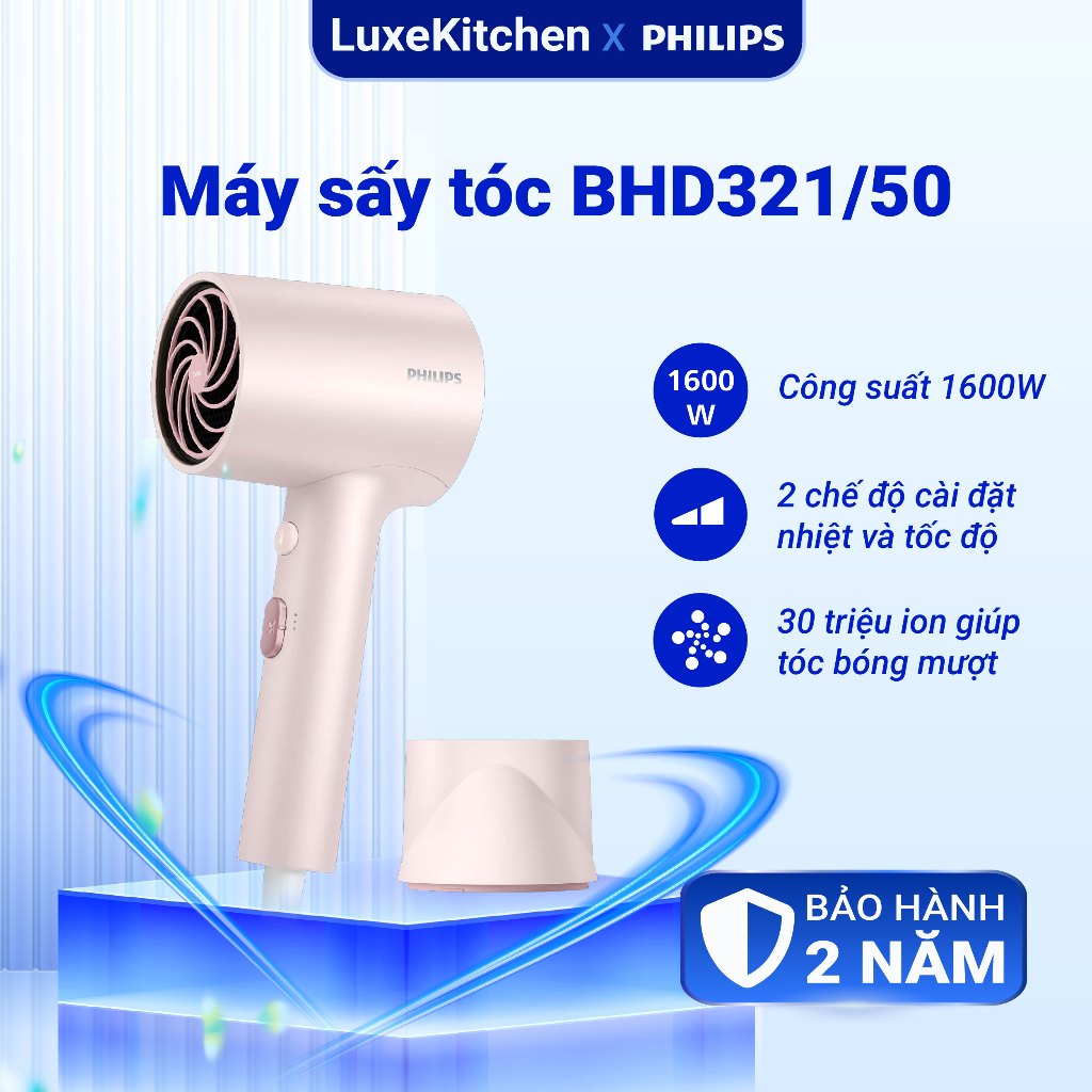 Máy sấy tóc ion âm Philips series 3000 BHD321/50, công suất 1600W, bảo ...