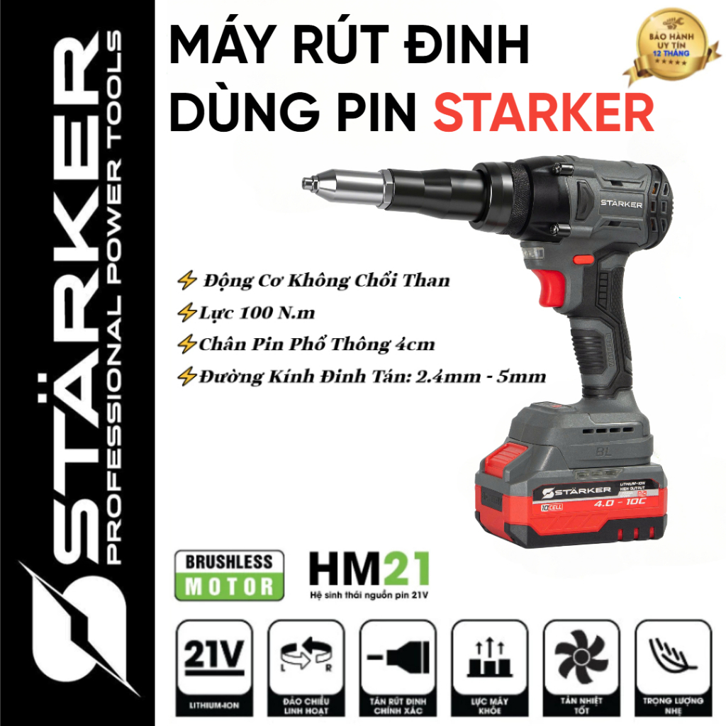 Máy rút đinh tán, đinh rút rive, rút đinh tự động STARKER dùng pin phổ ...