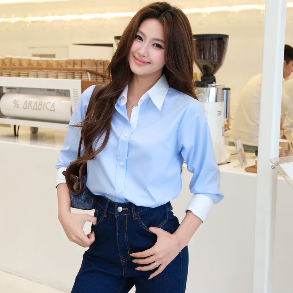 Áo sơ mi nữ GILLEE phối cổ và tay áo trắng (nhiều màu) dáng classic vải ...