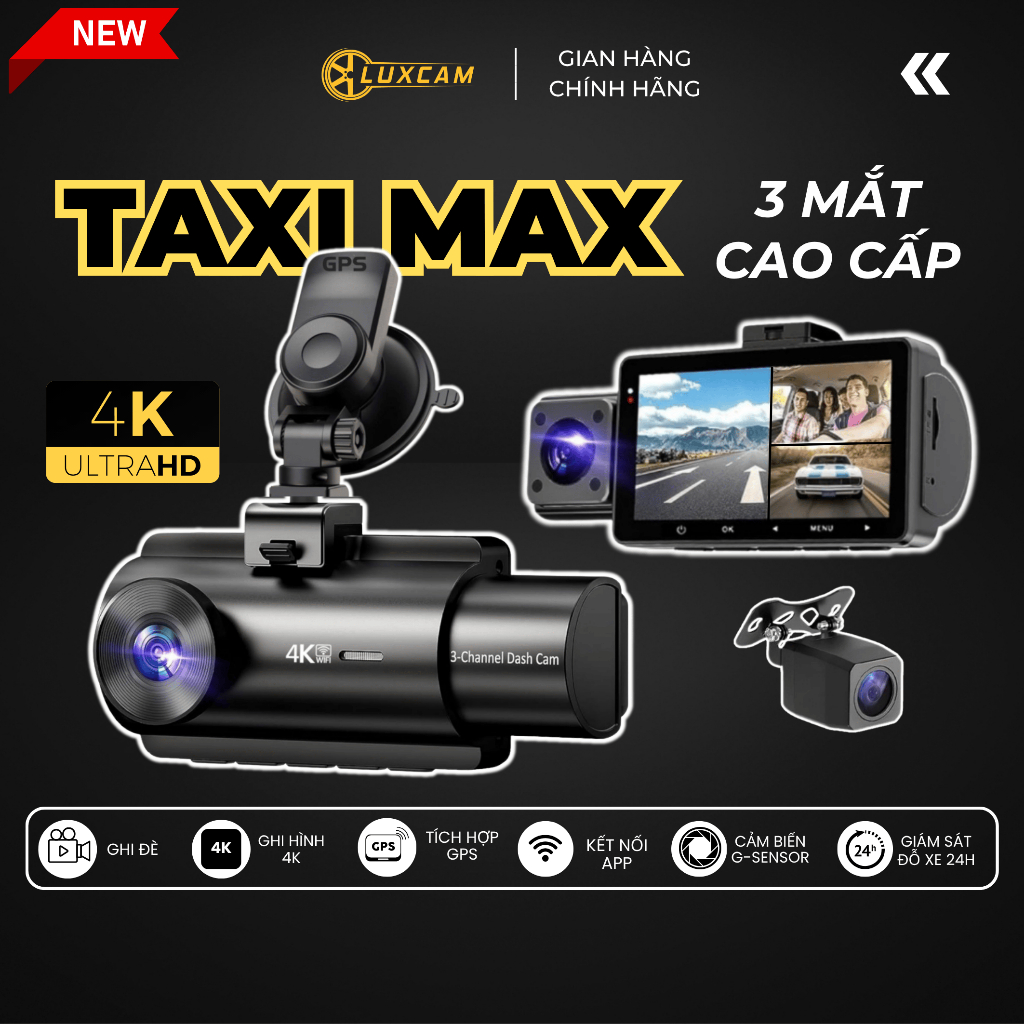 (3 Mắt Cao Cấp) Camera hành trình ô tô TAXI MAX, Tích Hợp GPS, Độ phân ...