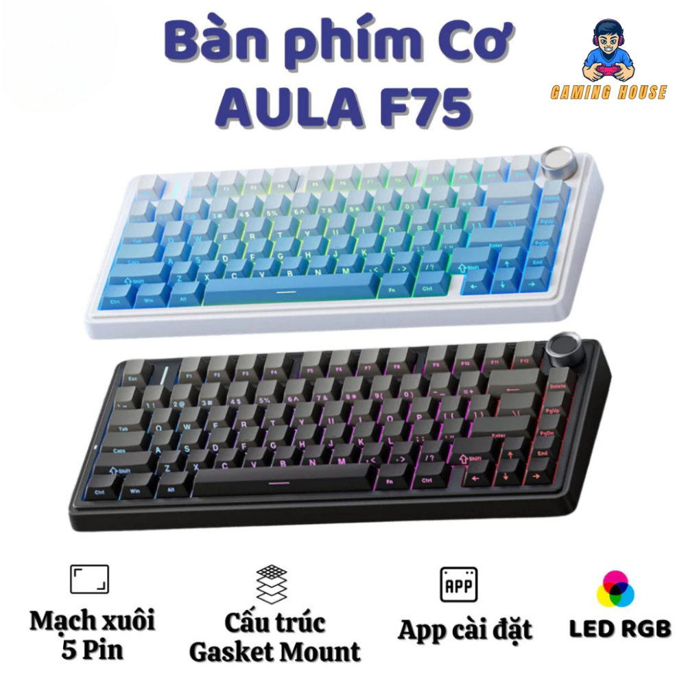 Bàn phím cơ Aula F75 không dây 3 mode - Mạch Xuôi - Hỗ trợ hotswap 5 pin - LED RGB - Có App ...