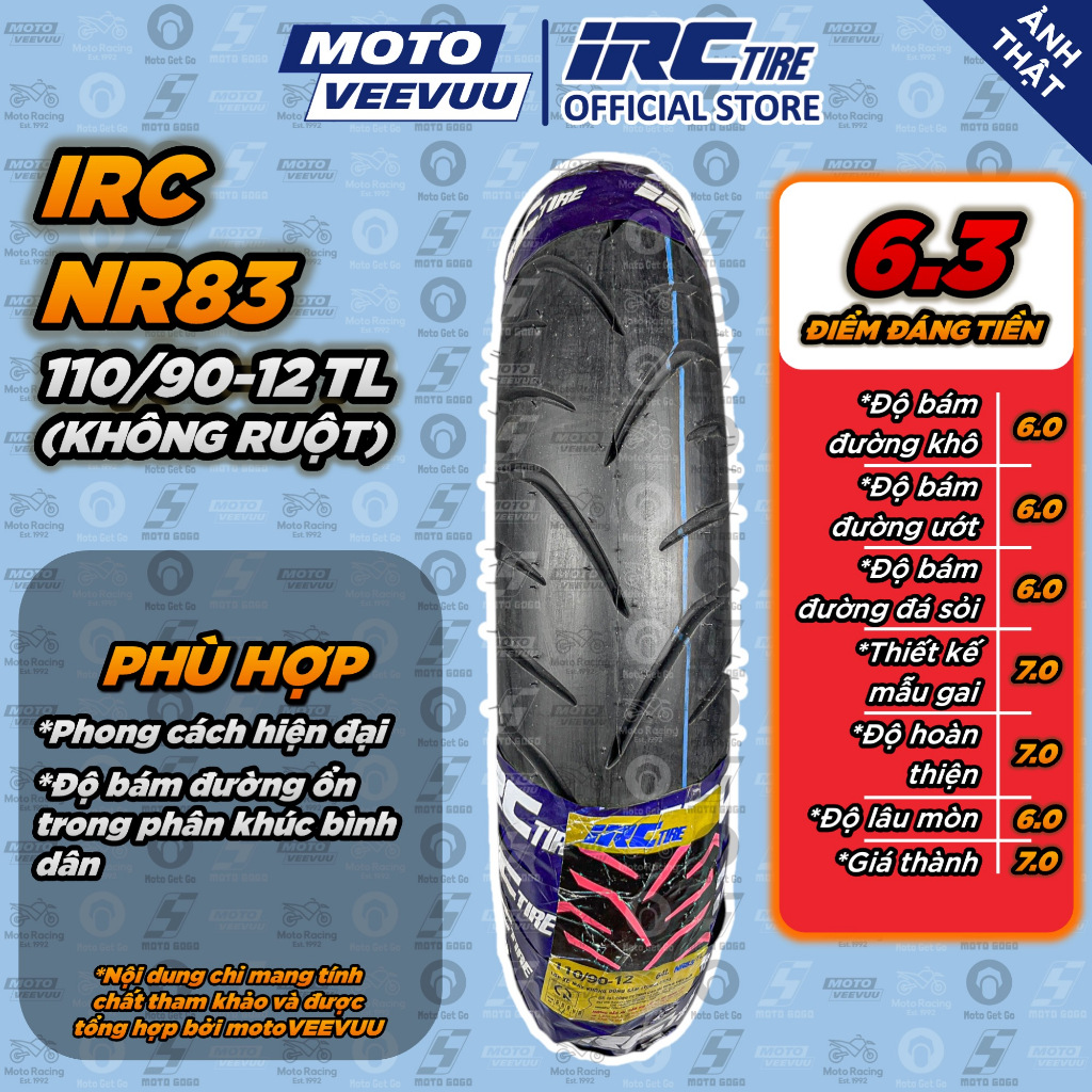 [MTVV] Vỏ lốp xe máy IRC INOUE 110/90-12 TL NR83 Sau Scoopy FreeGo ...