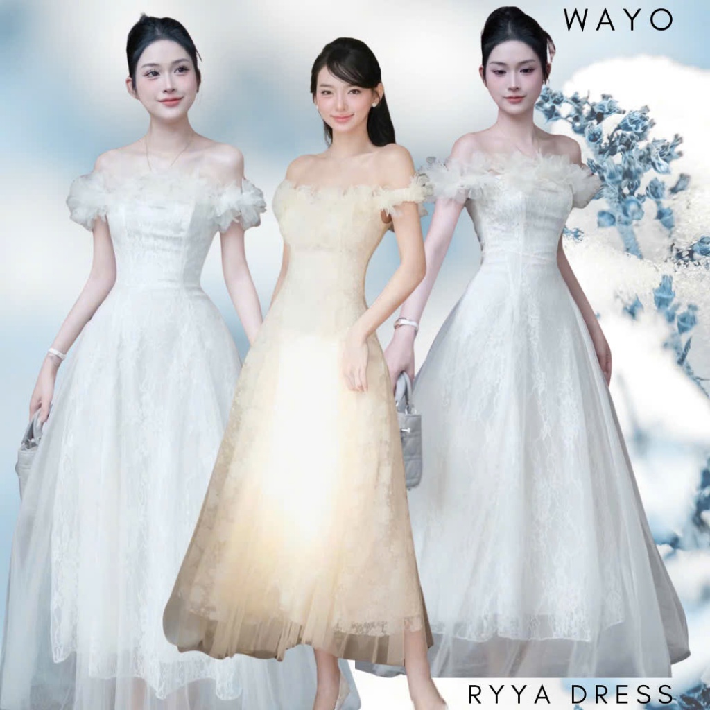 [Ryya Dress] Đầm WAYO thiết kế trễ vai ren hoa phối voan công chúa dự ...