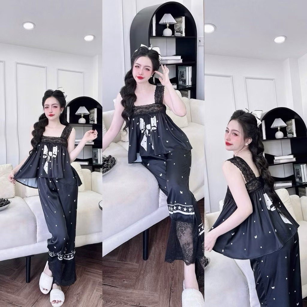 Bộ đồ ngủ hai dây ren bản bự quần dai phối ren có túi lụa latin 40-65kg ...