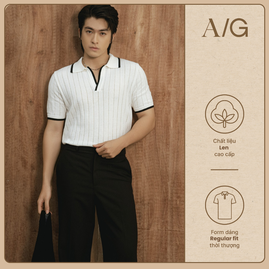 AGN747 Áo Polo Dệt Kim Americus Gosani Cổ V Phối Viền Màu Trắng Và Be ...