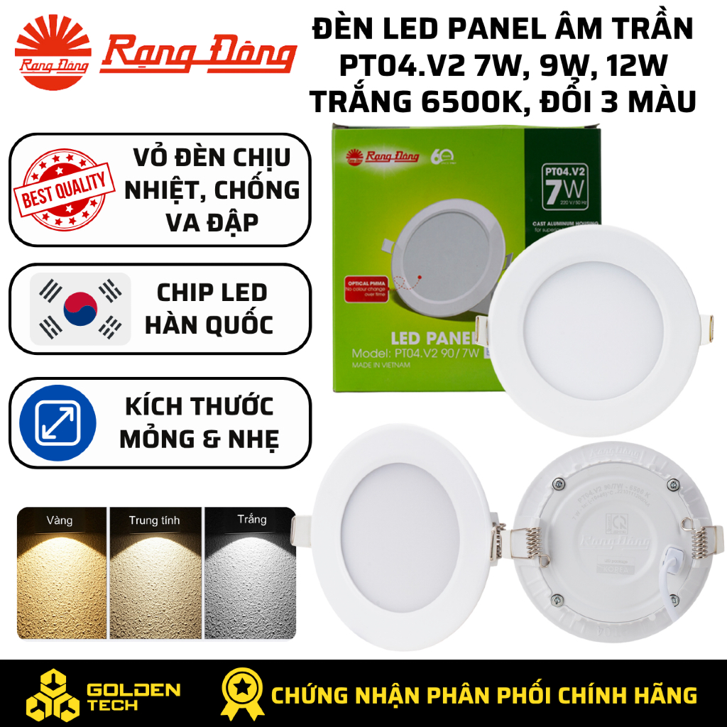 Đèn LED Panel âm trần tròn 7W, 9W, 12W Ánh sáng Trắng 6500K, Đổi 3 màu, Chip Led Hàn Quốc PT04 ...