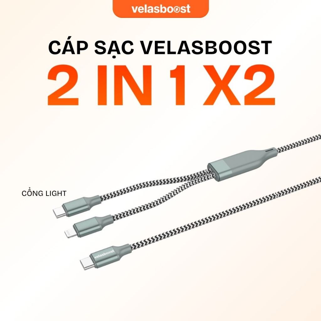 Dây cáp sạc nhanh 2 trong 1 velasboost X2, C to L, C to C, Công suất ...