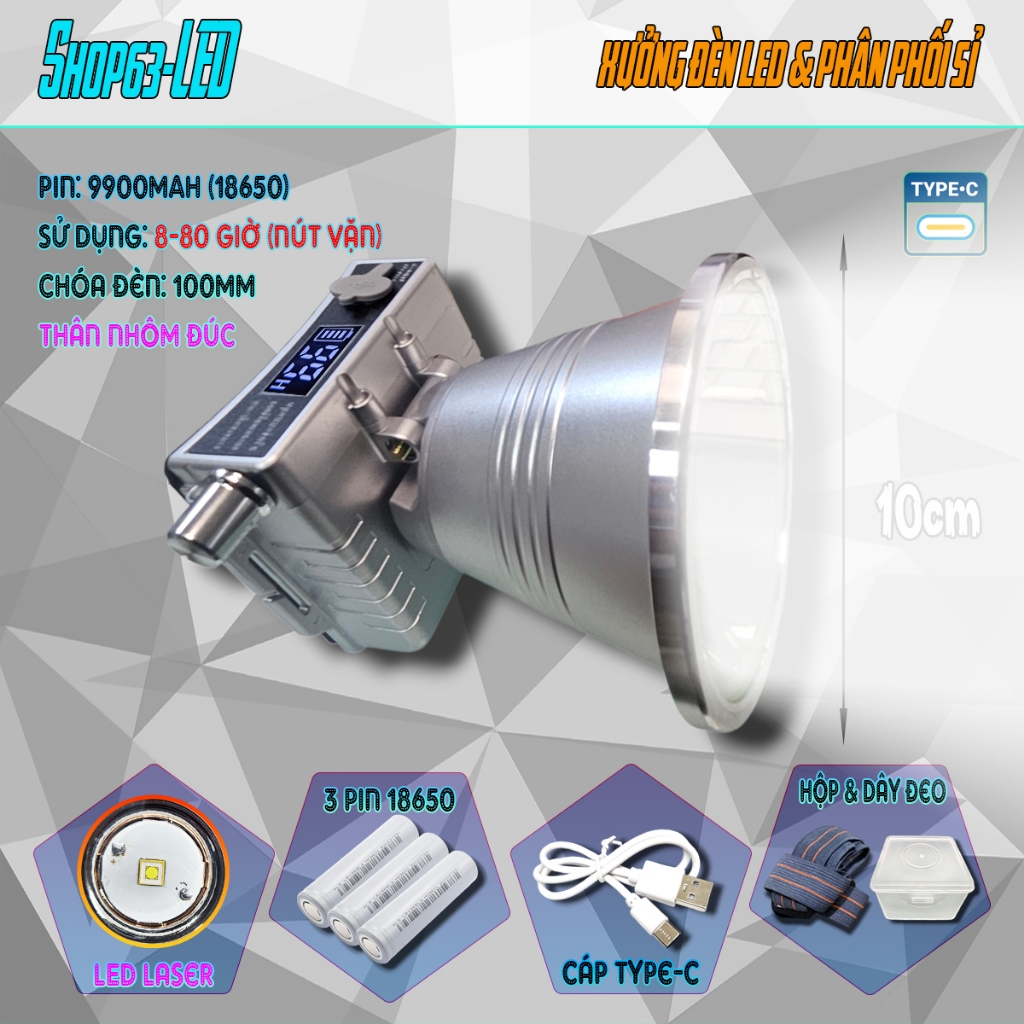 Đèn đội đầu nút vặn LED LASER, màn hình hiển thị pin, sáng mạnh 12 giờ ...