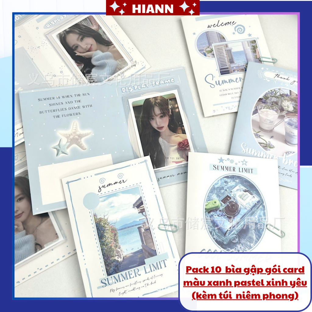 Pack 10 bìa gập gói card màu xanh pastel xinh yêu kèm túi niêm phong ...