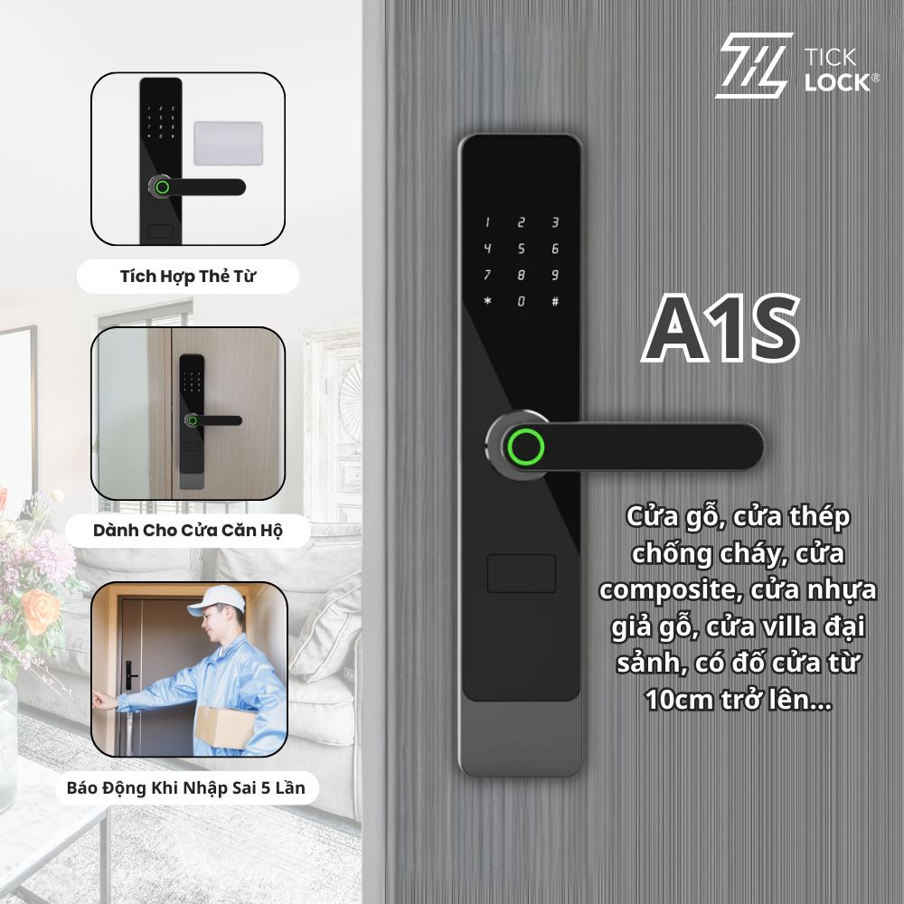 Khóa vân tay TICKLOCK A1S dành cho cửa gỗ, mở khóa vân tay, mật khẩu ...