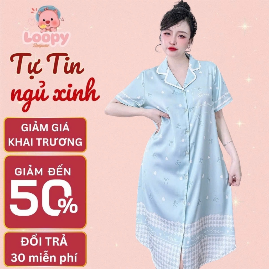 Đầm ngủ sơ mi, váy lụa cổ vest cao cấp, chất lụa latin cao cấp mát lạnh ...