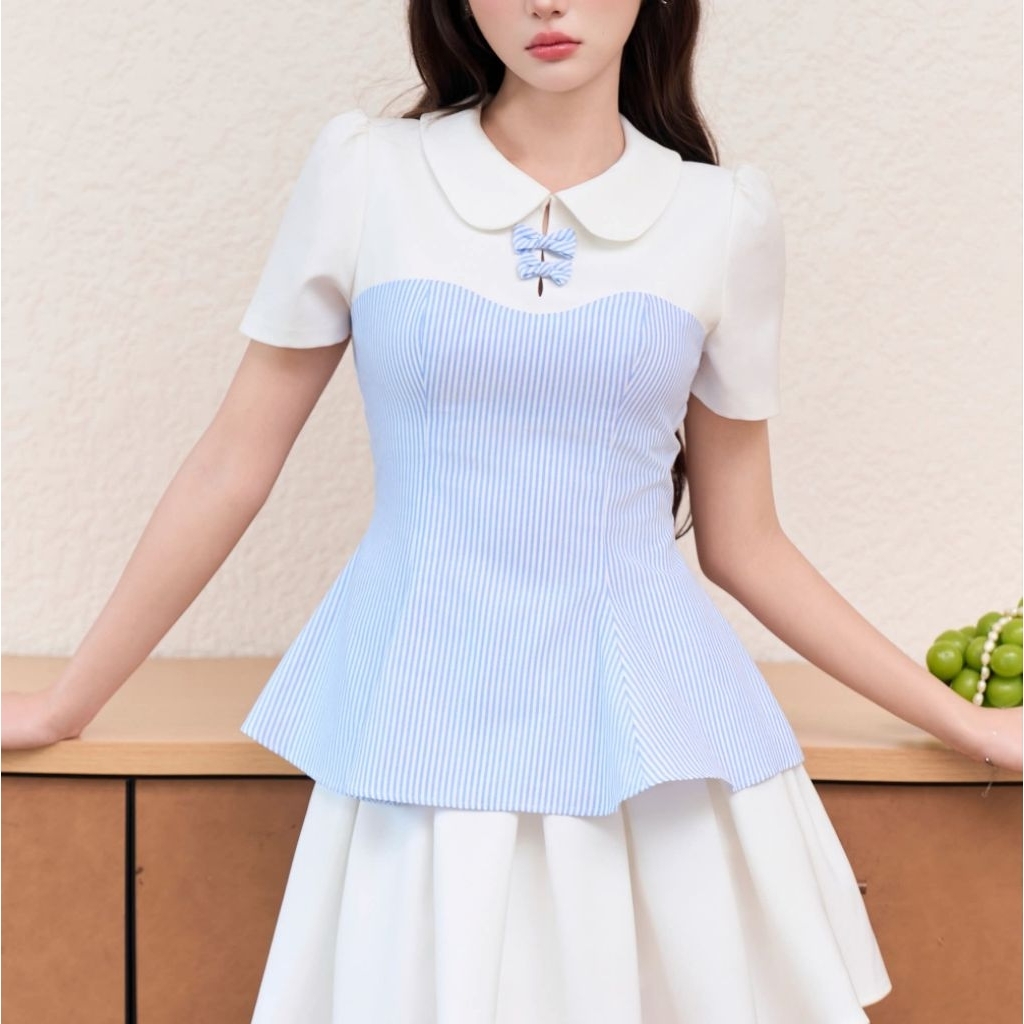 Áo Peplum Sơ Mi Xanh Thiết Kế Cổ Sen Đính Nơ Xinh Xắn, Áo Mặc Đi Làm ...