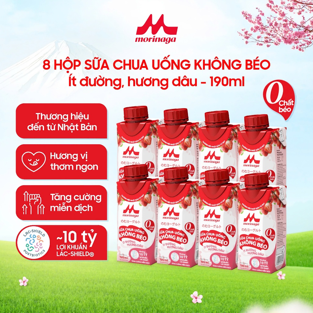 8 Hộp Sữa Chua Uống Không Béo Morinaga Vị Dâu 190ml - Ít Đường & Calo ...