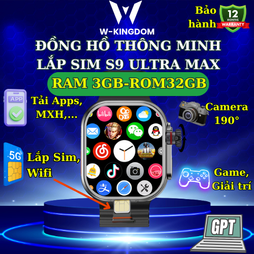 Đồng Hồ Thông Minh S9 Ultra Max 5G, RAM 3GB + ROM 32GB, Đầy Đủ Tính ...