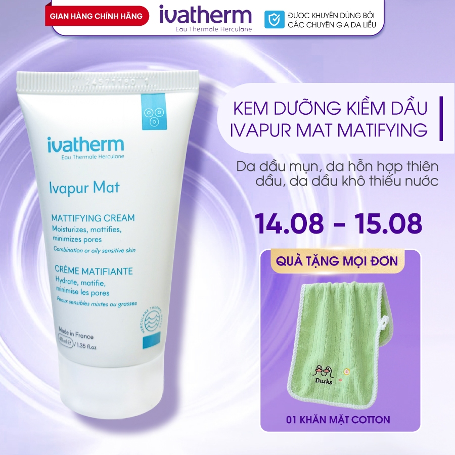 Kem dưỡng kiềm dầu dành cho da dầu nhạy cảm, da mụn Ivatherm Ivapur Mat ...
