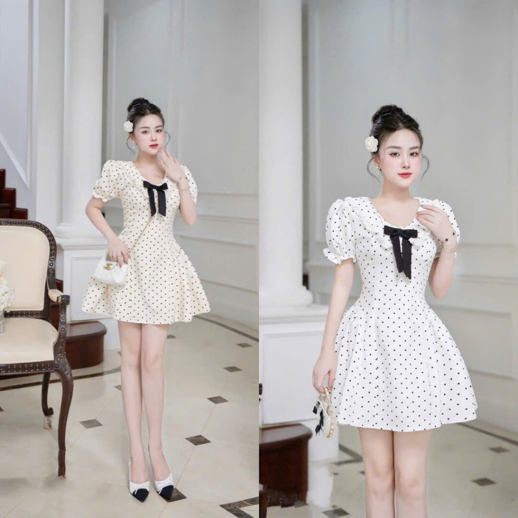 ĐẦM NỮ CHẤM BI PHỐI KÈM NƠ ĐEN, KIỂU SÁNG XÒE FORM NGẮN ÔM THẮT EO MẪU MỚI HOTTREND | Shopee ...