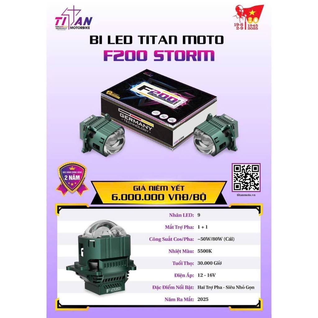 Bi LED Titan Moto F200 Storm siêu ngắn 80W–Pha Cos Siêu Sáng, 2 Mắt Trợ ...