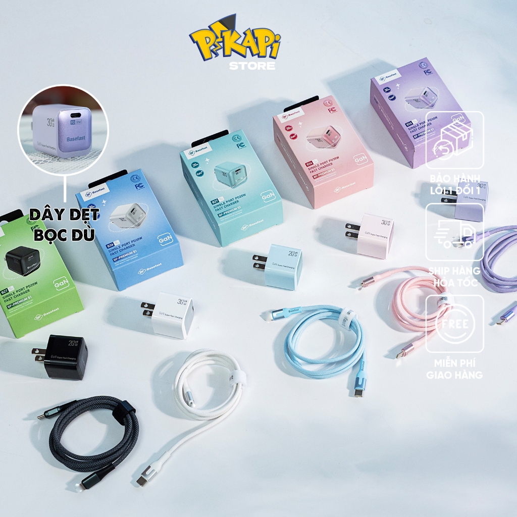 Pikapi Sạc Nhanh GaN BF PREMIUM củ 20W - 30W + dây bọc dù C - L, C - C ...