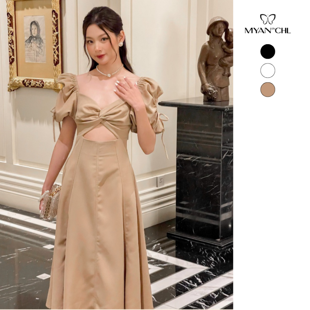 Váy Dự Tiệc MYAN DESIGN Dáng Dài Xoắn Ngực Cut-Out Eo Thân Tay Bồng Màu ...