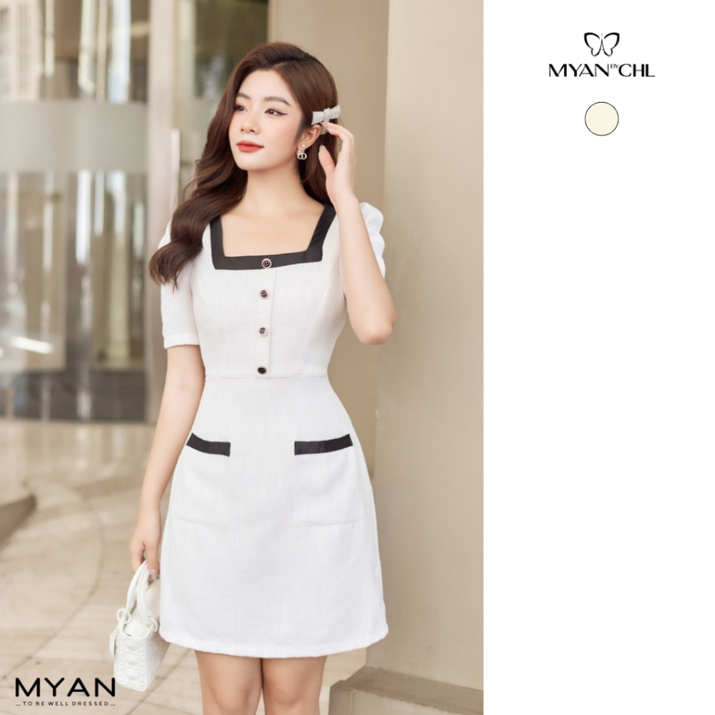 Váy Tweed Chữ A MYAN DESIGN Dáng Ngắn Cổ Vuông Viền Đen 2 Túi Trước ...