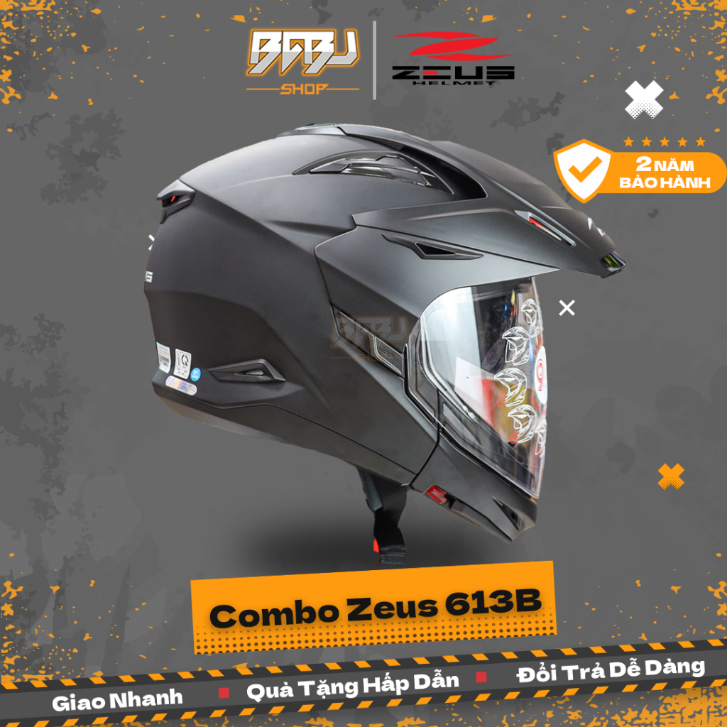 Combo Mũ 3/4 2 Kính Zeus 613B Đen Nhám Kèm Hàm Và Mái Che Có Thể Tháo ...