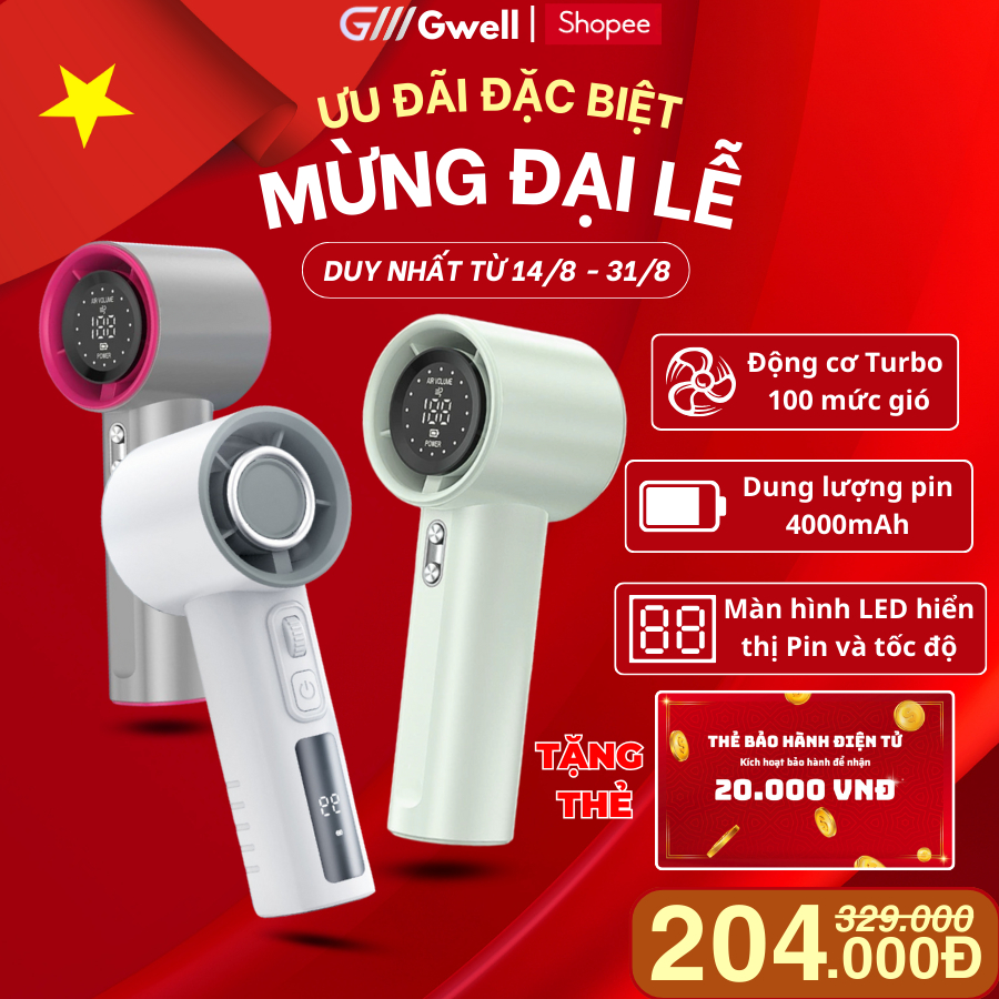 (XẢ HÀNG + CÓ THẺ) Quạt cầm tay mini Gwell động cơ turbo siêu mát, 100 ...