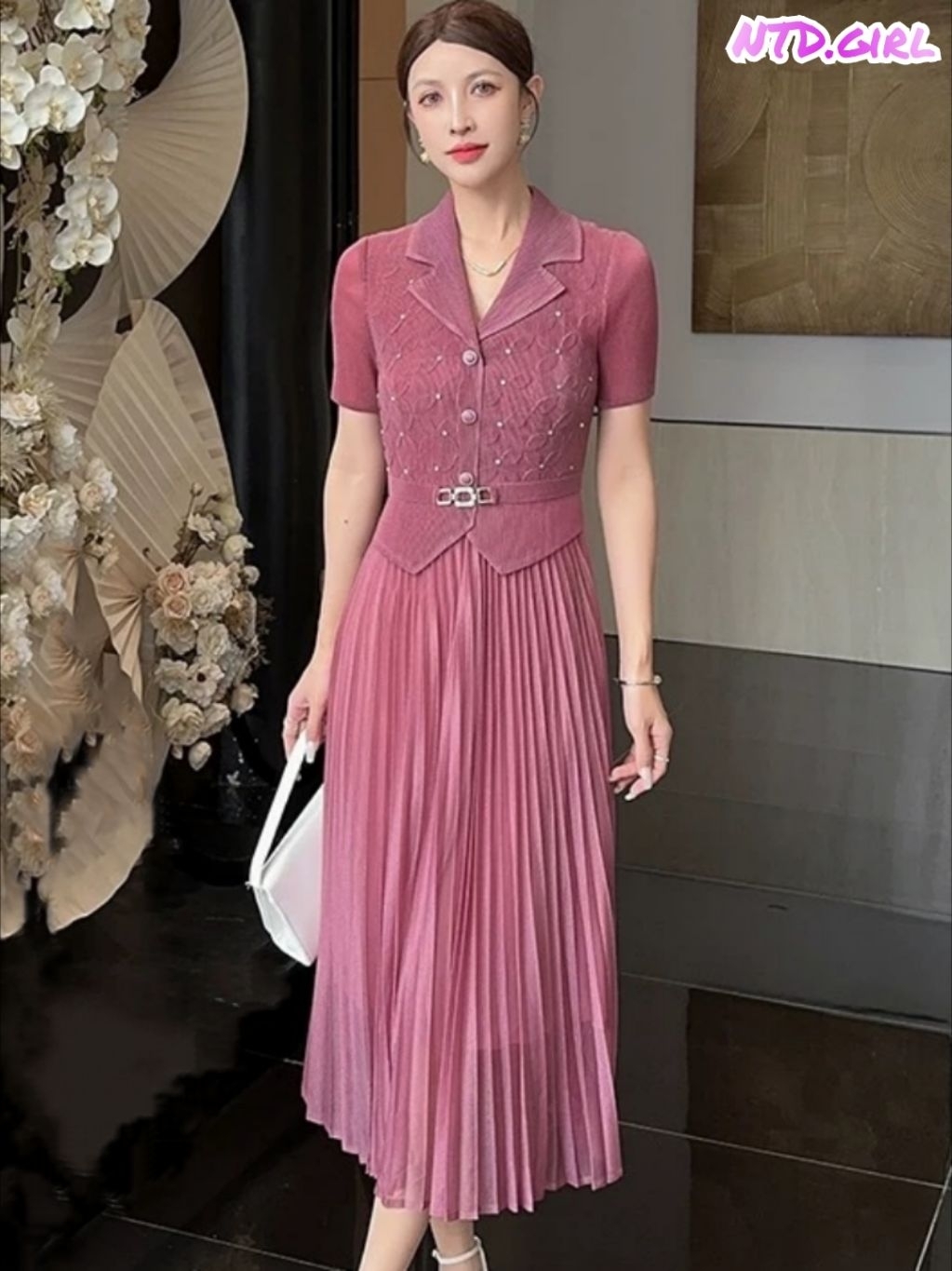 Hàng nhập - Đầm dáng xòe lụa dập li cổ vest đính hạt, váy Quảng Châu ...