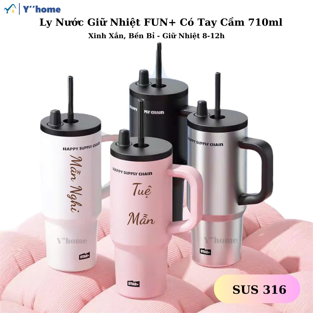 Ly giữ nhiệt khắc tên FUN+ 710ml, Bằng Inox 316, Có tay cầm, Phong cách ...