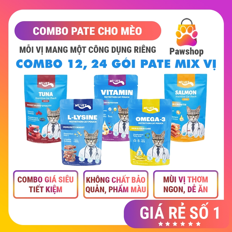 Combo 12 gói pate mèo MR.VET mix vị Vitamin, L-Lysine, Omega-3, Salmon ...