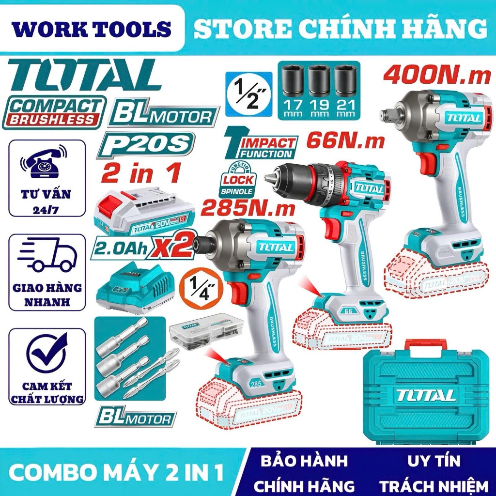TOTAL Combo Máy siết buloong siết vít và khoan búa dùng pin 20V ...